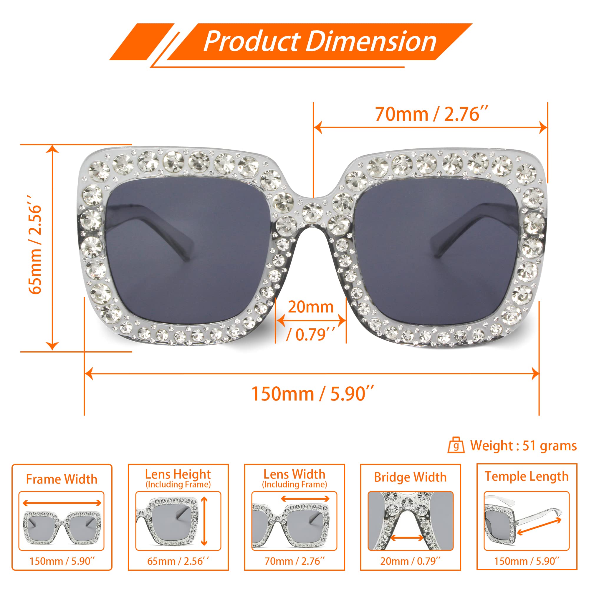 Xpectrum Extra Large Square Elton Crystal Sunglasses Bling Rhinestone Concert Glasses (Silver/Grey)