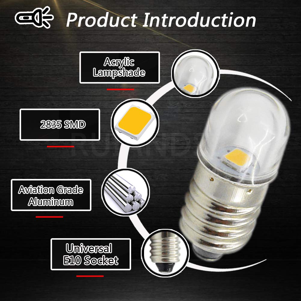 Ruiandsion 10pcs E10 Base Socket LED Bulb 1W 12V Warm White Replace Torch Flashlight Bulbs,Negative Earth