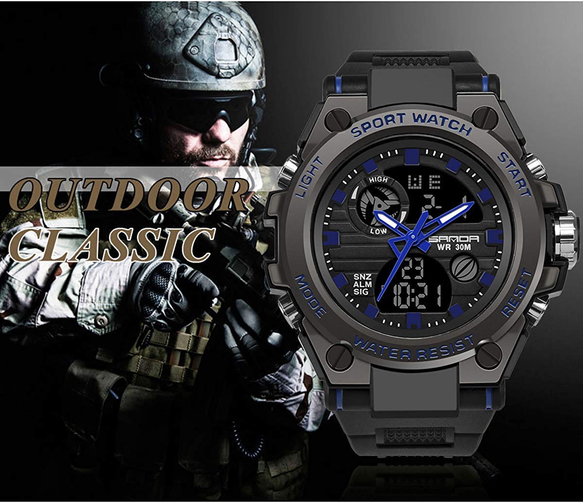 AIMES Men's Watches Sports Outdoor Waterproof Military Watch Date Multi Function Tactics LED Alarm Stopwatch