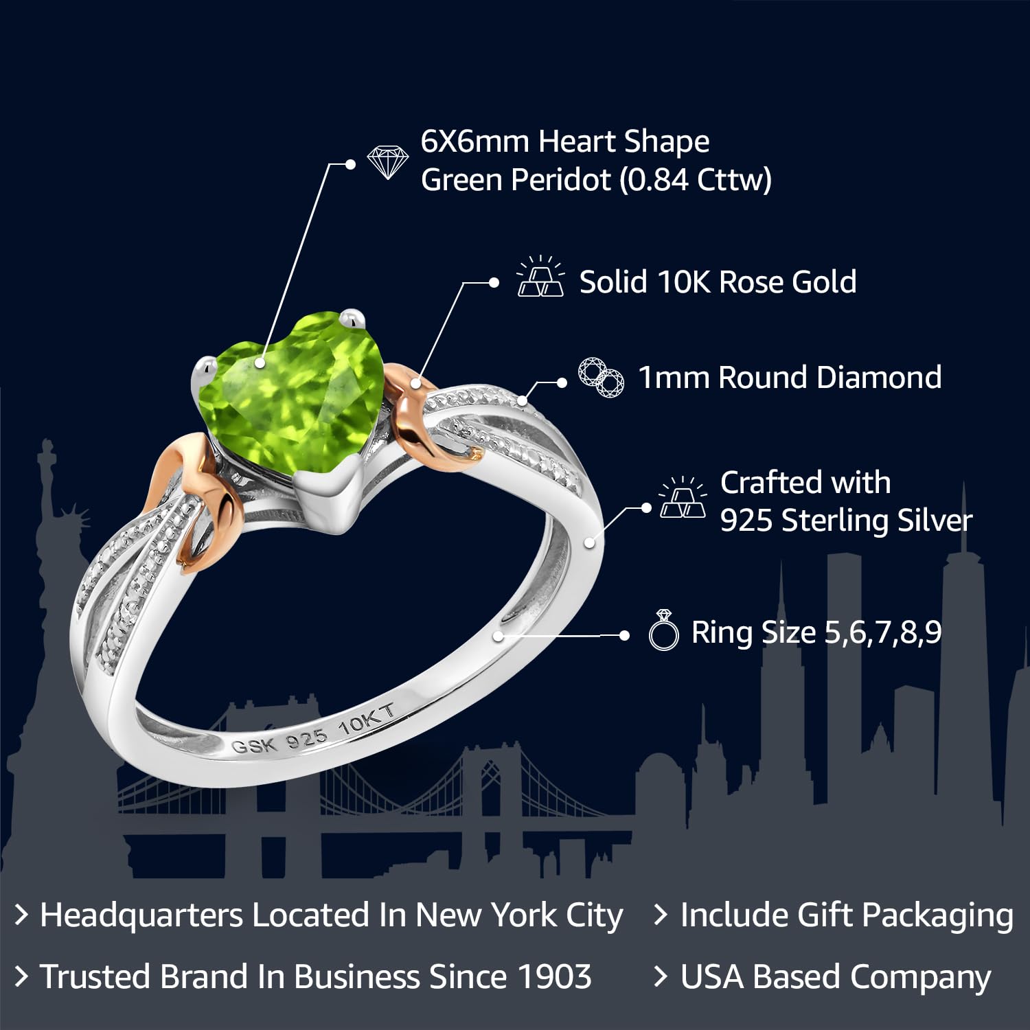 Gem Stone King 925 Silver and 10K Rose Gold 6MM Heart Shape Gemstone Birthstone and Diamond Engagement Ring | Wedding Anniversary Promise Ring For Women | Available In Size 5, 6, 7, 8, 9