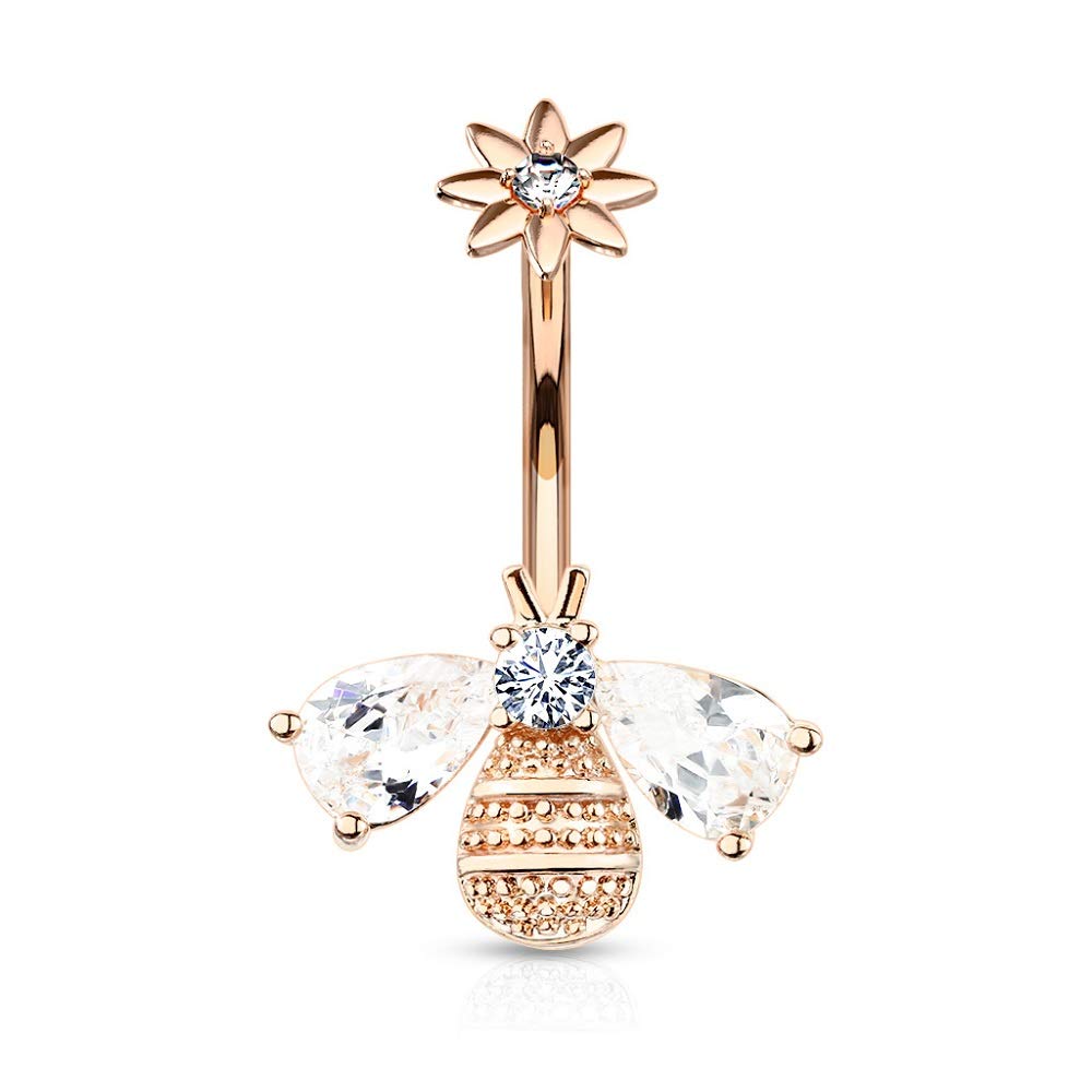 Pierced Owl CZ Crystal Bumble Bee Flower Top Belly Button Navel Ring (Rose Gold Tone)