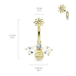 Pierced Owl CZ Crystal Bumble Bee Flower Top Belly Button Navel Ring (Rose Gold Tone)