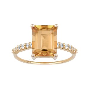 10k yellow gold emerald-cut citrine and white topaz ring