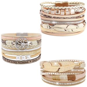 wovanoo 3pack leather cuff bracelet set multilayer wrap feather magnetic clasp bracelet for women 3pack