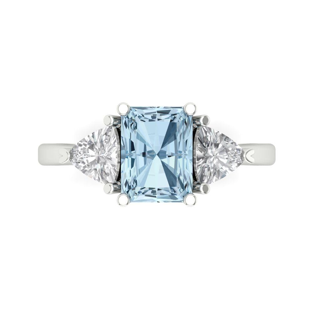 3.0 ct Emerald cut 3 stone Solitaire Created Aquamarine Designer Anniversary Bridal Engagement Ring 14k White Gold 8