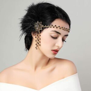 Asooll 1920s Vintage Feather Headpiece Black Crystal Headband Flapper Hair Accessories for Women