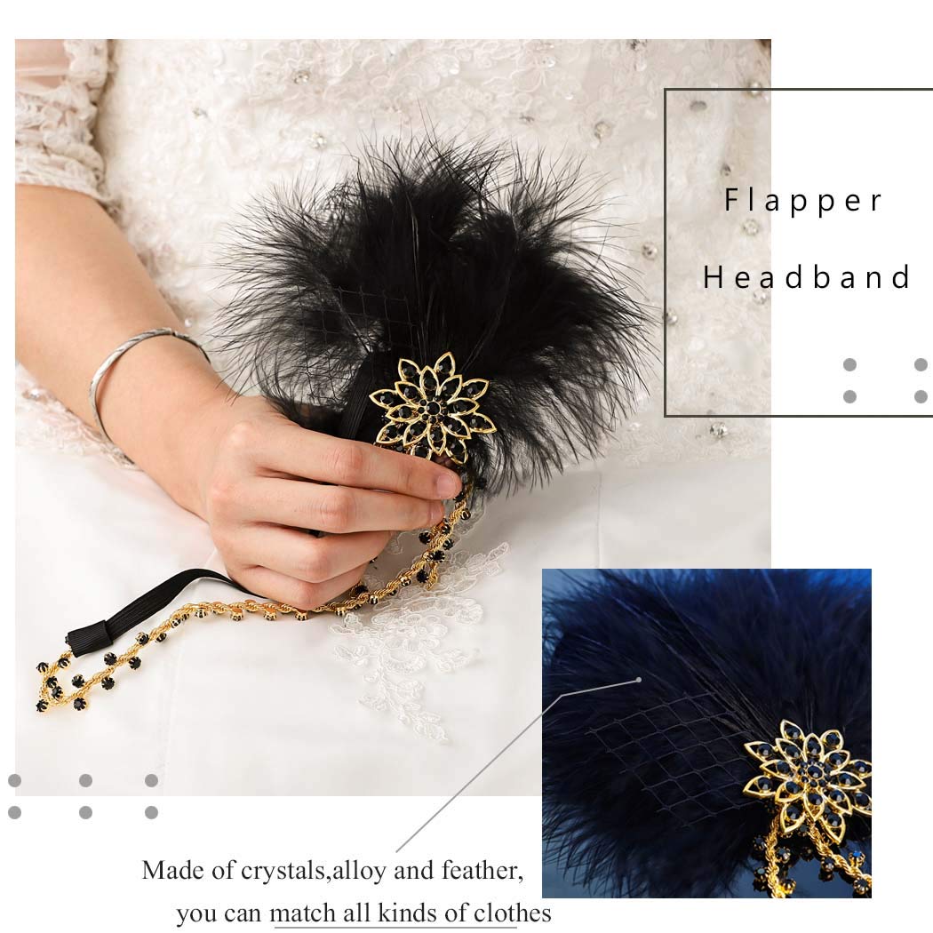 Asooll 1920s Vintage Feather Headpiece Black Crystal Headband Flapper Hair Accessories for Women