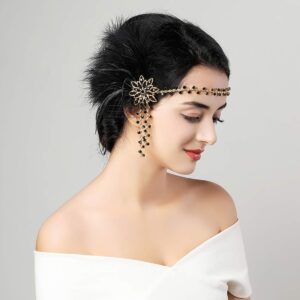 Asooll 1920s Vintage Feather Headpiece Black Crystal Headband Flapper Hair Accessories for Women