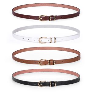 jasgood set of 4 women skinny leather belt solid color thin waist belt for jeans blouse (black,brown,coffee,white,best for waist size 30-36 inch)