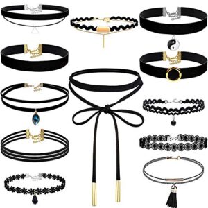 shynek choker necklace for women, 12 pcs black choker necklace set black lace tattoo velvet chokers for women and teen girls