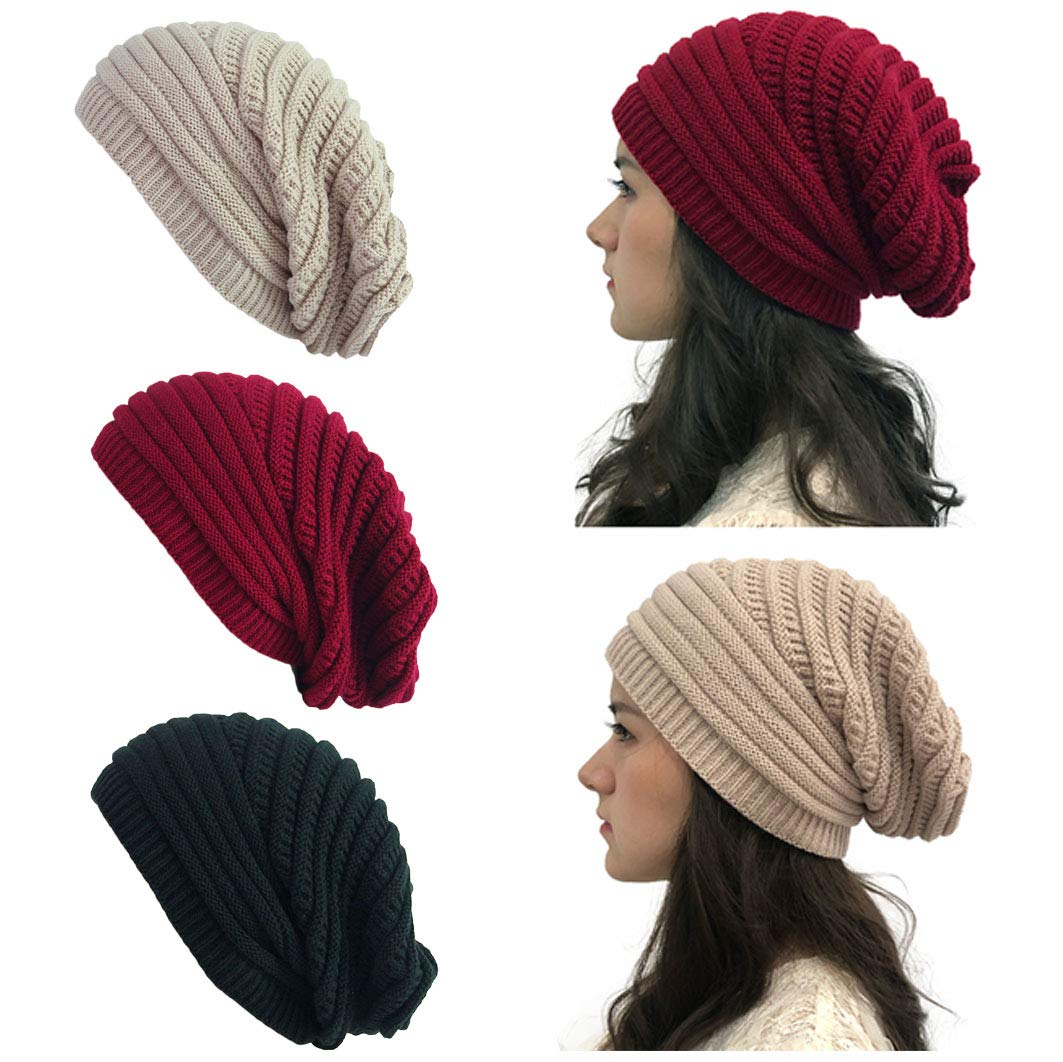 DANMY Winter Hats for Women,Warm Chunky Soft Cable Knit Womens Beanie Hats (A-red/beige/black-3pcs)