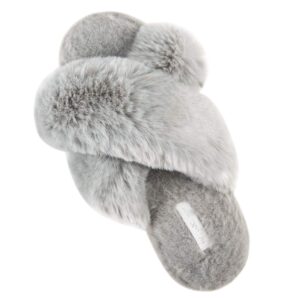 halluci women's cross band soft plush fleece house indoor or outdoor slippers (x-large, grey)