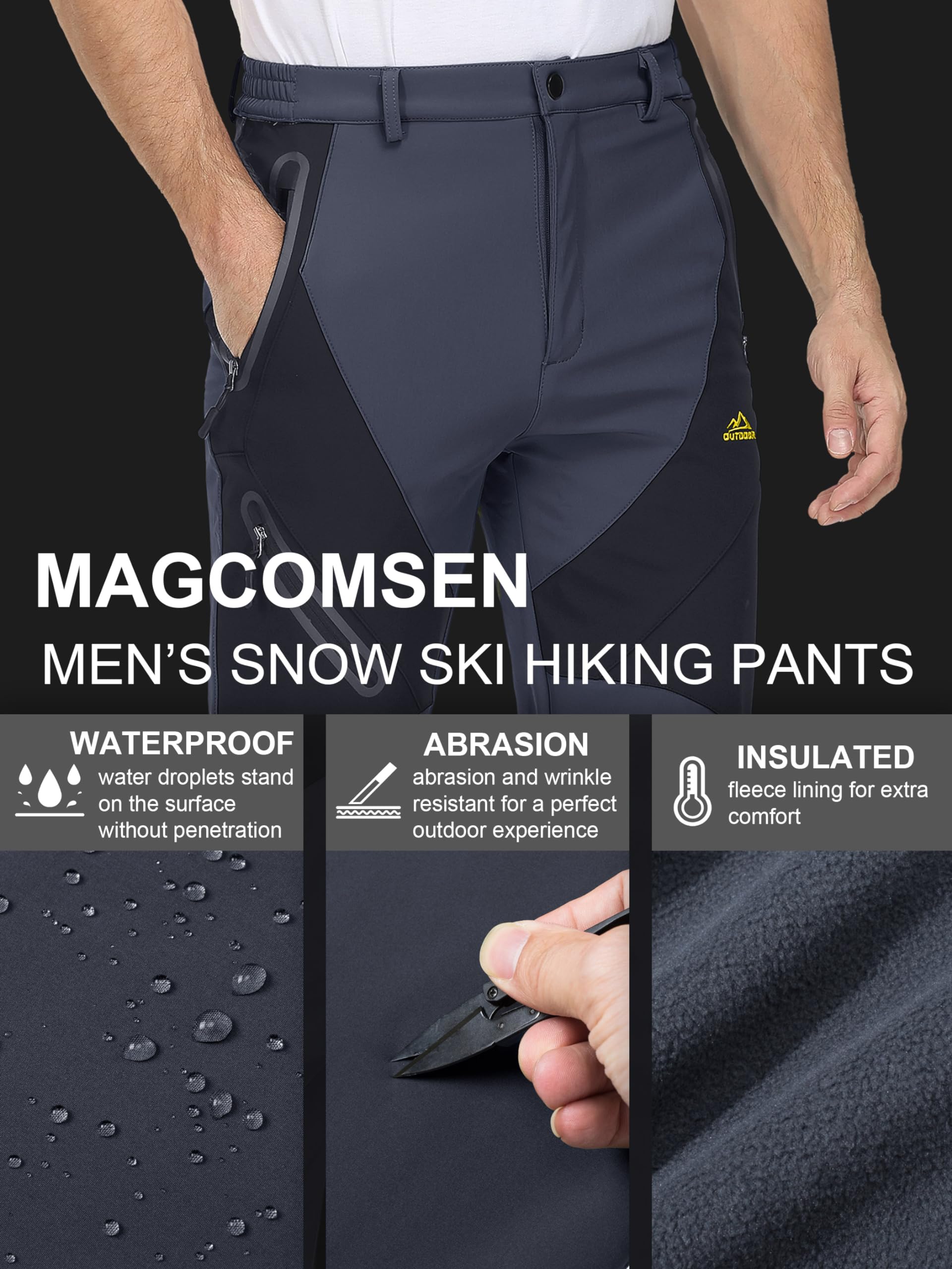 MAGCOMSEN Fleece Lined Pants Men Waterproof Pants Warm Pants Skiing Pants Snow Pants Hiking Pants Mens Winter Pants Ski Pants for Men Snowboard Pants Work Pants Dark Grey