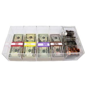 acrylic money tray with coin tray insert, 5 compartment clear cash organizer currency money storage box, 300 money wrappers included