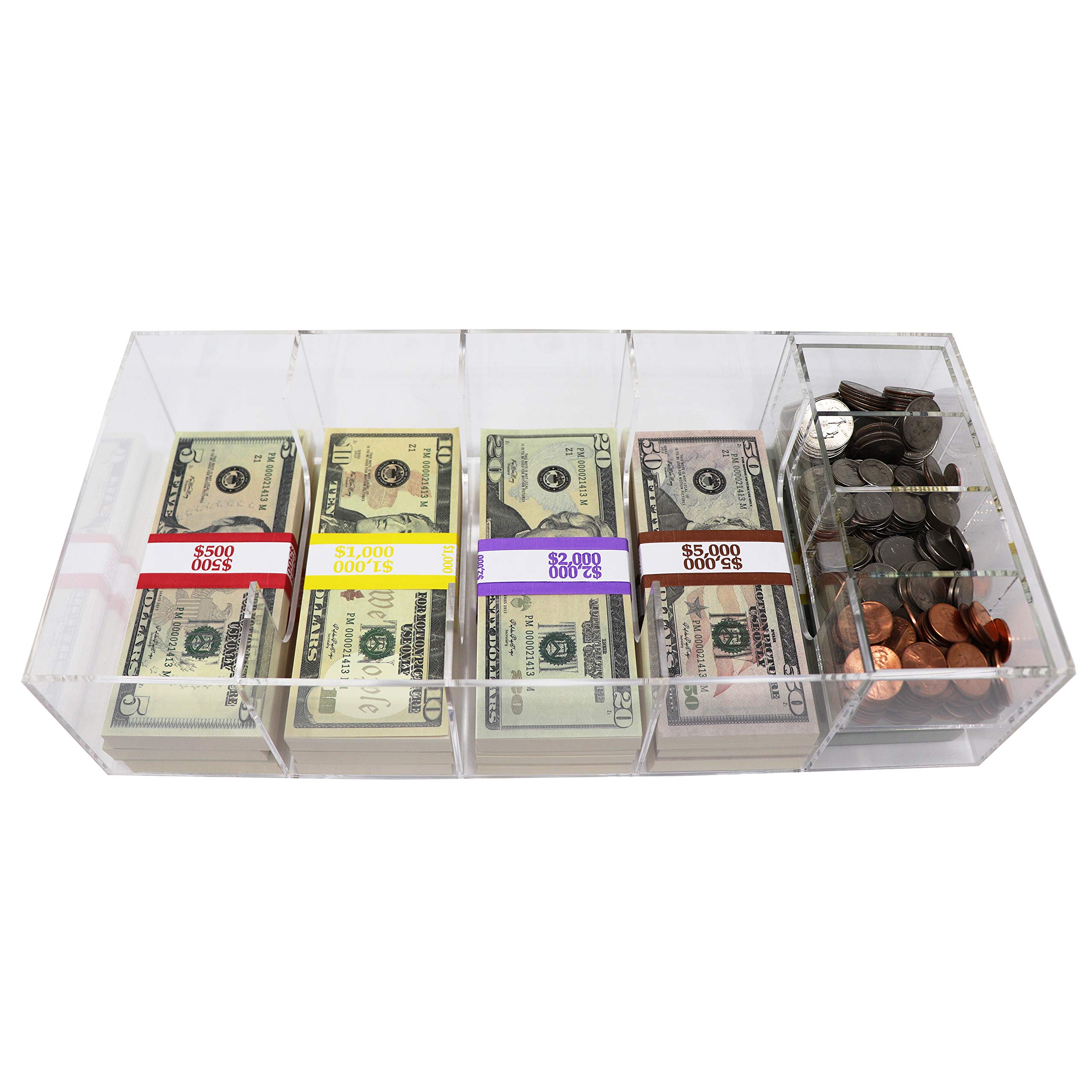 Acrylic Money Tray with Coin Tray Insert, 5 Compartment Clear Cash Organizer Currency Money Storage Box, 300 Money Wrappers Included