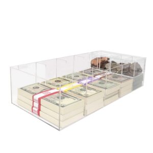 Acrylic Money Tray with Coin Tray Insert, 5 Compartment Clear Cash Organizer Currency Money Storage Box, 300 Money Wrappers Included