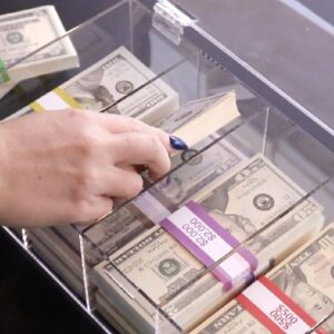 Acrylic Locking Currency Tray, 5 Compartment Cash Organizer Money Storage Box with Lockable Cover, 300 Currency Wrappers Included