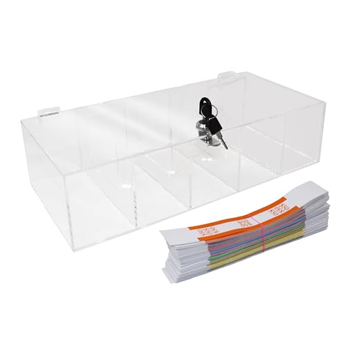 Acrylic Locking Currency Tray, 5 Compartment Cash Organizer Money Storage Box with Lockable Cover, 300 Currency Wrappers Included