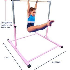 Athletic Bar Kids Gymnastics Junior Horizontal Kip Bar 3 to 5 FT Training Jungle Gym Expandable Adjustable Height 3 to 5 FT Tumble Weight Capacity 300 Pounds (Pink)