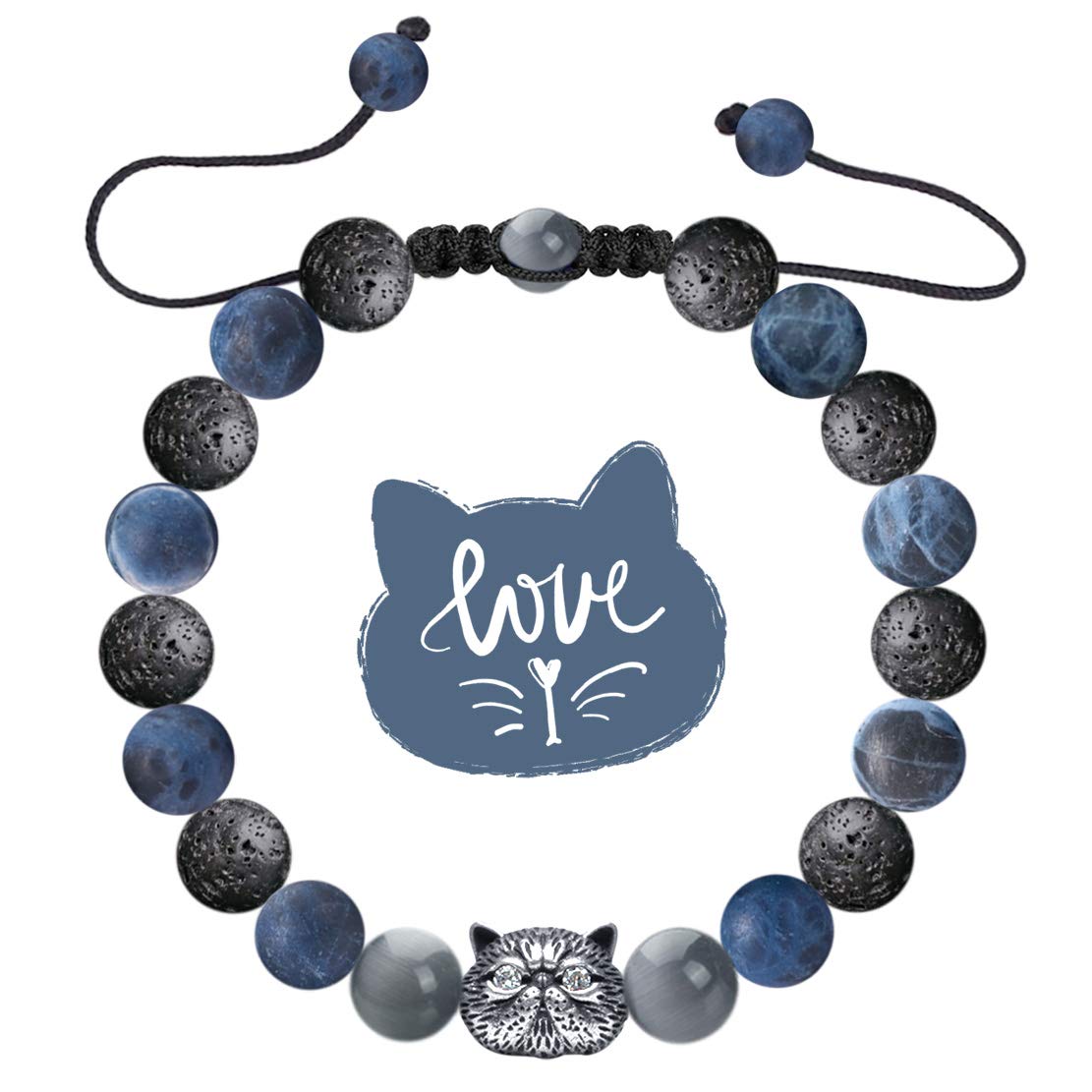 Karseer Vintage Silver Plated Cat Head Stress Relief Reiki Healing Bracelet Matte Natural Sodalite Anti Anxiety Calming Bracelet Lava Rock Oil Diffuser Aromatherapy Bracelet, Cat Lovers Memorial Gift