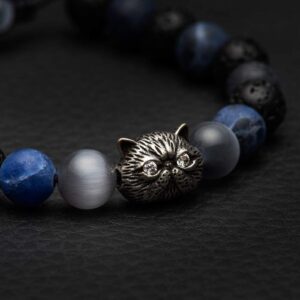 Karseer Vintage Silver Plated Cat Head Stress Relief Reiki Healing Bracelet Matte Natural Sodalite Anti Anxiety Calming Bracelet Lava Rock Oil Diffuser Aromatherapy Bracelet, Cat Lovers Memorial Gift