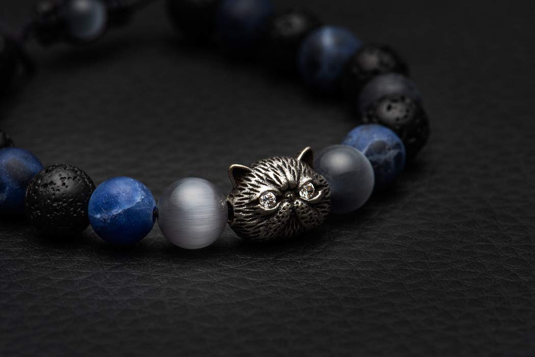 Karseer Vintage Silver Plated Cat Head Stress Relief Reiki Healing Bracelet Matte Natural Sodalite Anti Anxiety Calming Bracelet Lava Rock Oil Diffuser Aromatherapy Bracelet, Cat Lovers Memorial Gift