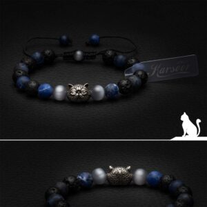 Karseer Vintage Silver Plated Cat Head Stress Relief Reiki Healing Bracelet Matte Natural Sodalite Anti Anxiety Calming Bracelet Lava Rock Oil Diffuser Aromatherapy Bracelet, Cat Lovers Memorial Gift