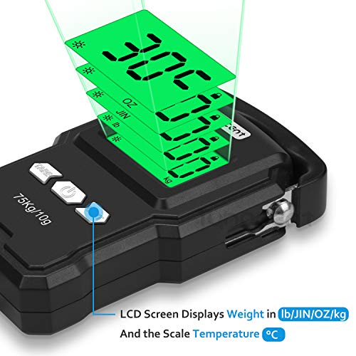 Fishing Scales 165lb/75kg Backlit LCD Display Portable Electronic Digital Fish Scale with Built-in Measuring Tape, Include Battery and Carry Bag