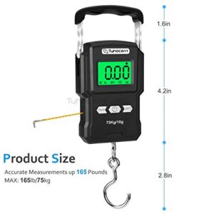 Fishing Scales 165lb/75kg Backlit LCD Display Portable Electronic Digital Fish Scale with Built-in Measuring Tape, Include Battery and Carry Bag