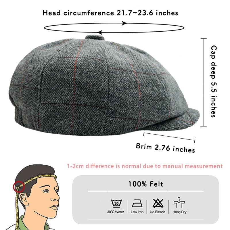 Charmylo Newsboy Cap Gatsby Baker Boy Hat Flat Caps Tweed Adjustable Peaky Herringbone Cloth Cap Hat Grey