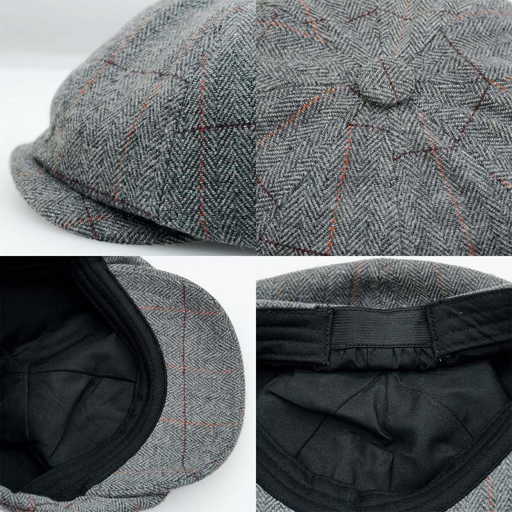 Charmylo Newsboy Cap Gatsby Baker Boy Hat Flat Caps Tweed Adjustable Peaky Herringbone Cloth Cap Hat Grey