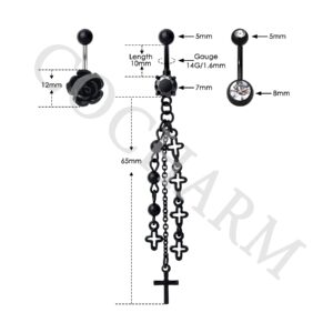 COCHARM 3Pcs Black Dangle Belly Rings 14G Halloween Long Dangling Belly Piercing Jewelry for Women