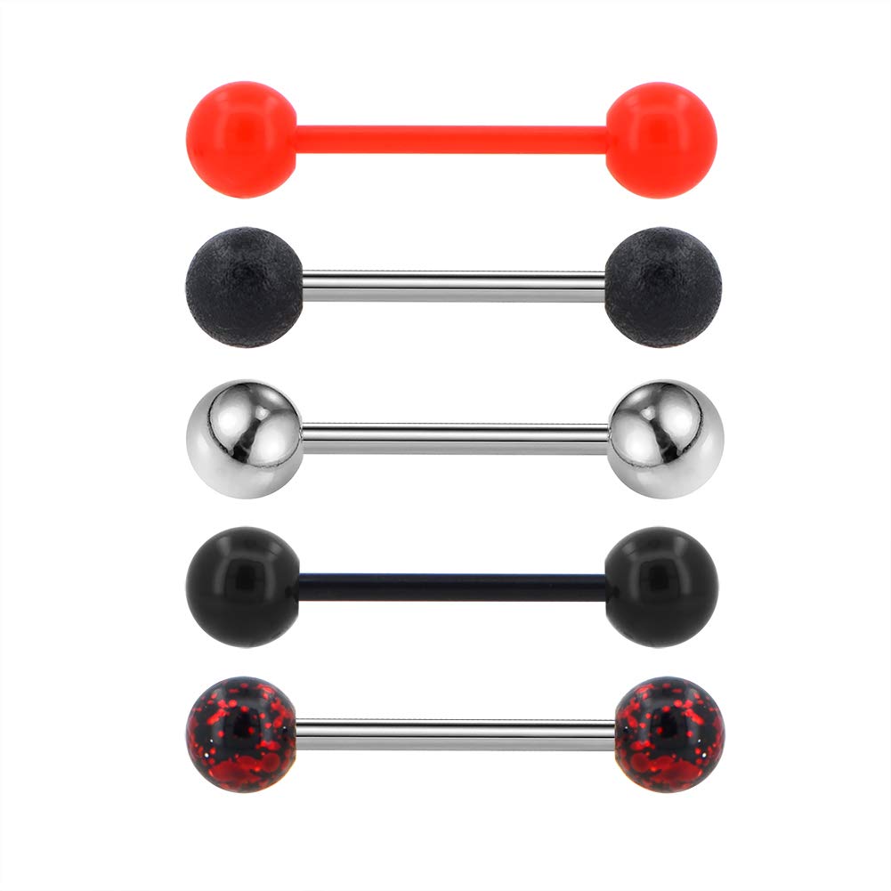 Jewseen 5PCS 14G 316L Stainless Steel Red Black Acrylic Balls Tongue Barbell Painting Tongue Rings Piercing