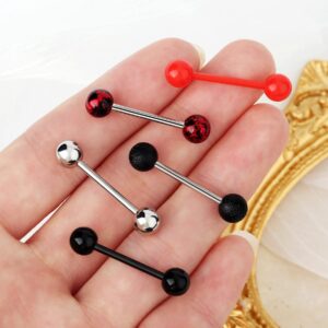 Jewseen 5PCS 14G 316L Stainless Steel Red Black Acrylic Balls Tongue Barbell Painting Tongue Rings Piercing