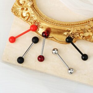 Jewseen 5PCS 14G 316L Stainless Steel Red Black Acrylic Balls Tongue Barbell Painting Tongue Rings Piercing