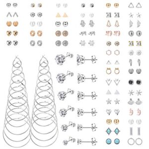 yadoca 68 pairs stainless steel stud earrings set for men women assorted cute vintage triangle faux pearl elephant heart turquoise bead clear cubic zirconia stud earrings hoop earrings set