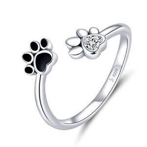 cute puppy dog cat pet paw print ring sterling silver 925 for women adjustable fake cz diamond animal footprint finger wrap band promise engagement rings fashion jewelry