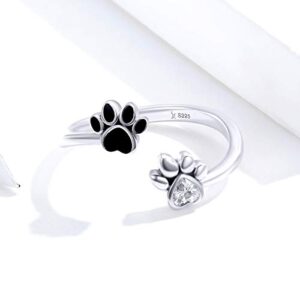 Cute Puppy Dog Cat Pet Paw Print Ring Sterling Silver 925 for Women Adjustable Fake CZ Diamond Animal Footprint Finger Wrap Band Promise Engagement Rings Fashion Jewelry