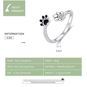 Cute Puppy Dog Cat Pet Paw Print Ring Sterling Silver 925 for Women Adjustable Fake CZ Diamond Animal Footprint Finger Wrap Band Promise Engagement Rings Fashion Jewelry