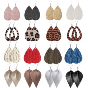 wremily 16 pairs leather earrings for women teardrop leaf leopard print drop earrings lightweight dangle earrings set