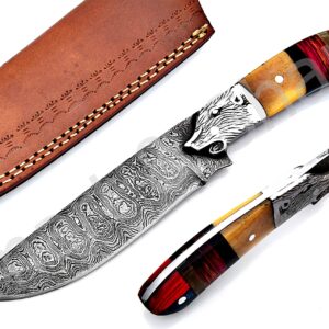 Smart & Sharp Custom Handmade Damascus Steel Hunting Knife/Skinning Knife AA-17287 (Natural Bone and Multi Color Wood)