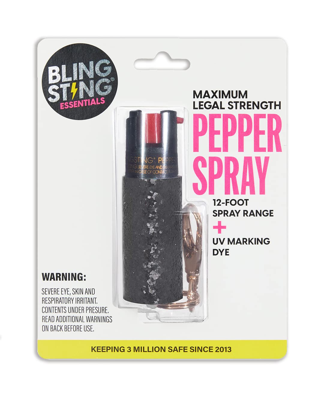 BLINGSTING Essentials Maximum Strength Pepper Spray Keychain for Women, 12-Foot Spray Range, UV Marking Dye - Glitter Sparkles