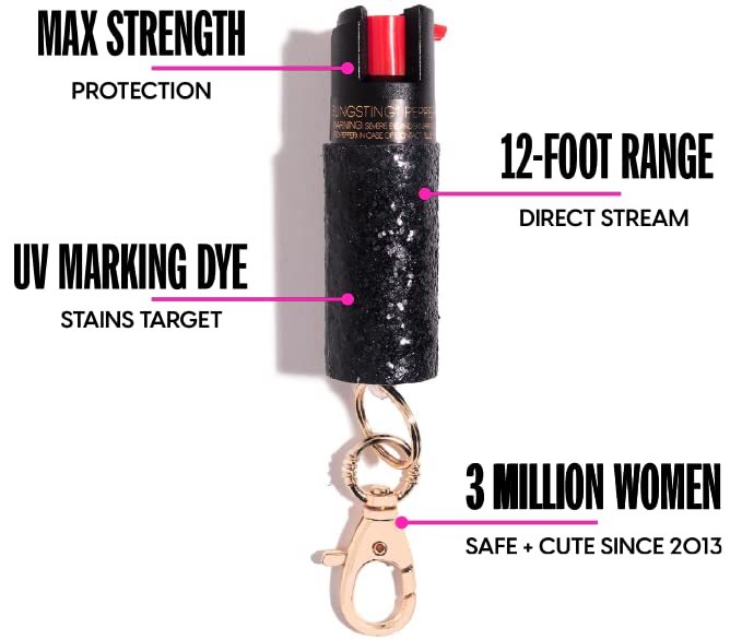 BLINGSTING Essentials Maximum Strength Pepper Spray Keychain for Women, 12-Foot Spray Range, UV Marking Dye - Glitter Sparkles