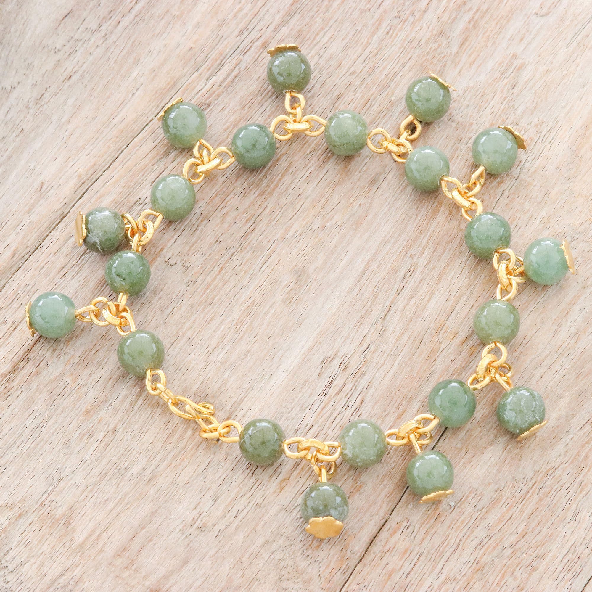 NOVICA Artisan Gold Plated Jade Link Bracelet 18k with Hook Clasp Brass Green Charm Thailand Gemstone [7.25 in L 8 mm W] ' Jade Deluxe'