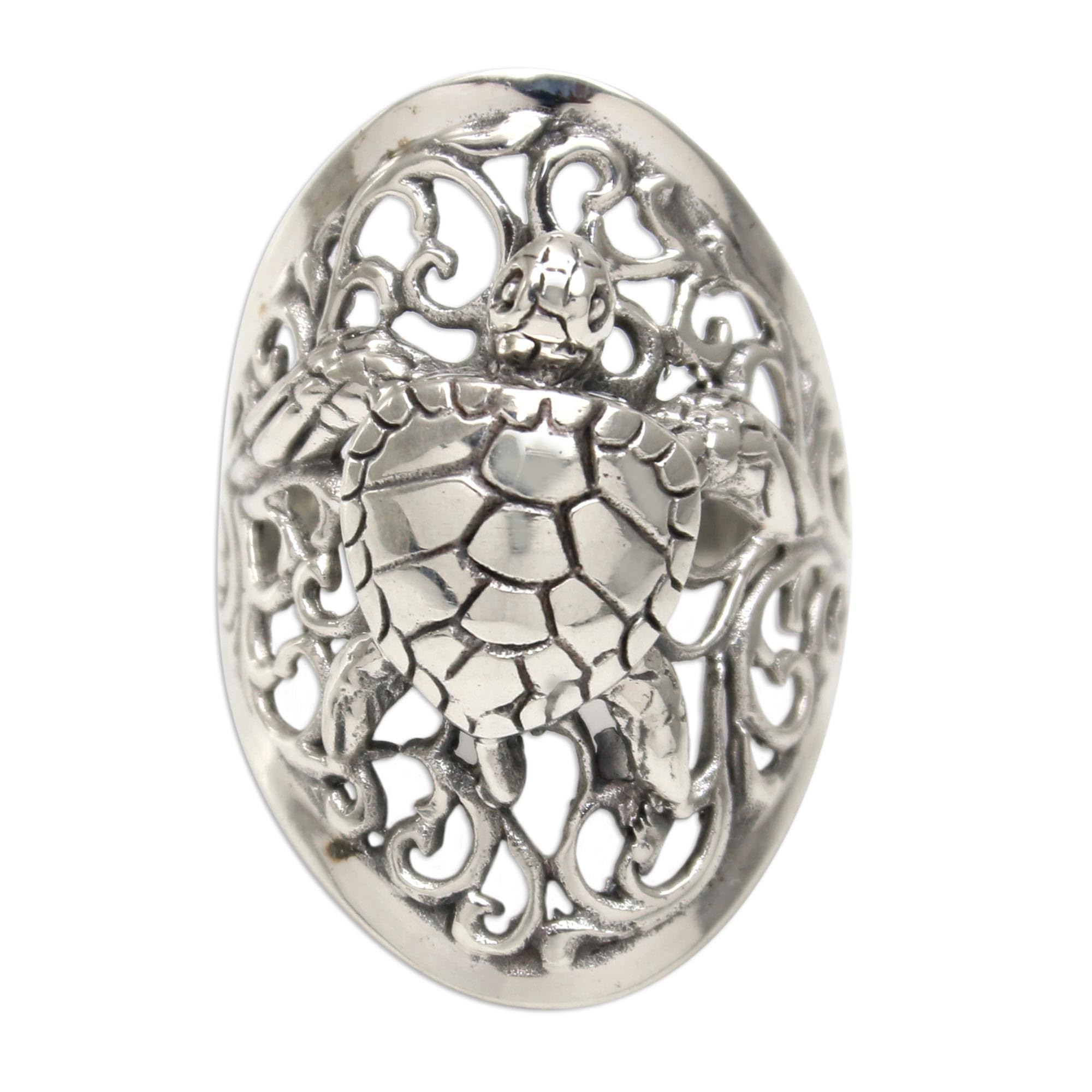 NOVICA Artisan handmade sterling silver cocktail ring sea turtle from bali no stone indonesia animal themed frog turtleturtlesea life [Ring front 1.3 in L x 0.9 in W x 0.3 in H Band width 3 mm W] '