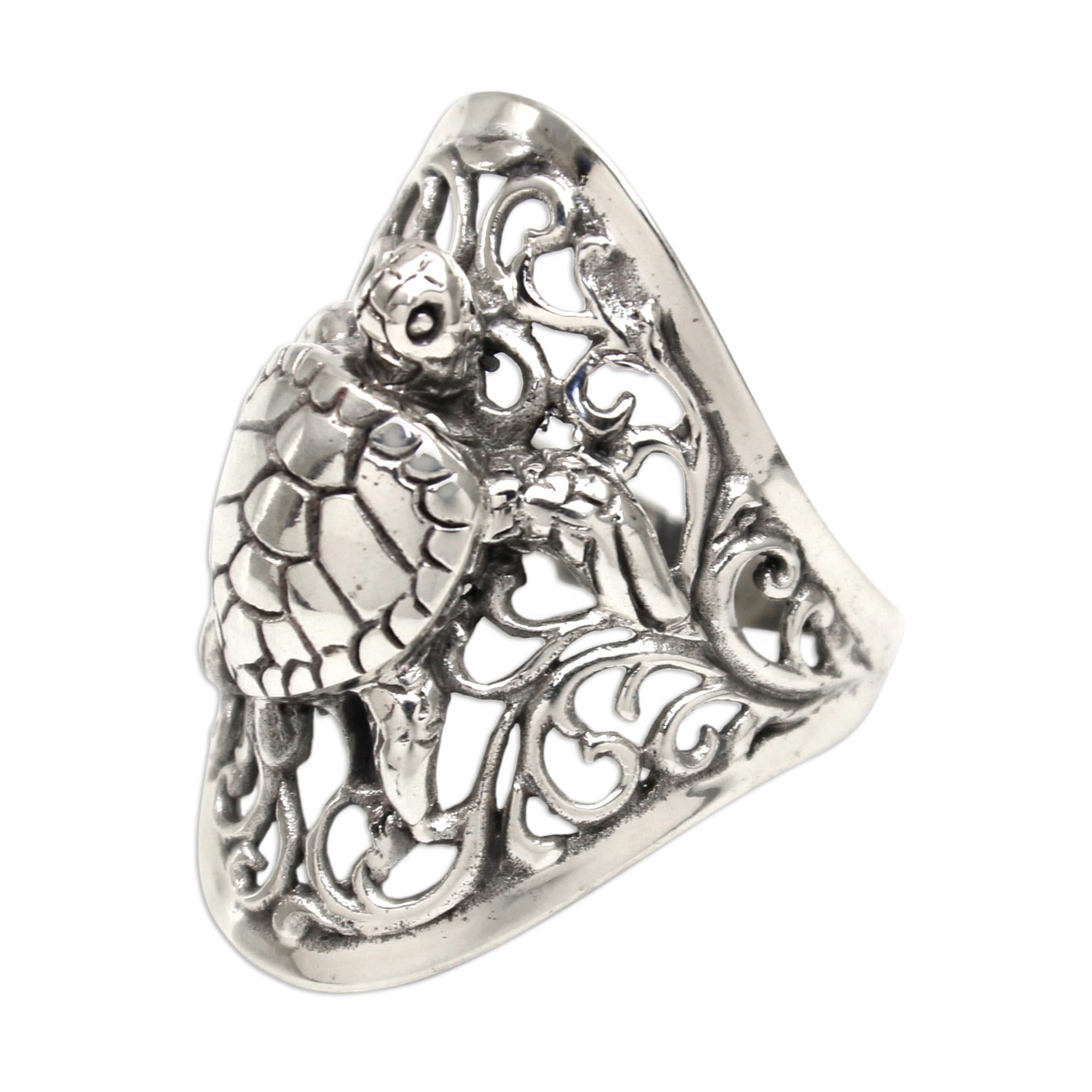 NOVICA Artisan handmade sterling silver cocktail ring sea turtle from bali no stone indonesia animal themed frog turtleturtlesea life [Ring front 1.3 in L x 0.9 in W x 0.3 in H Band width 3 mm W] '