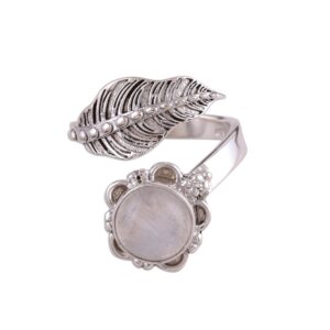 novica artisan handmade rainbow moonstone wrap ring leafshaped from india sterling silver clear cocktail tree [ring front 0.9 in l x 0.9 in w x 0.4 in h band width 3 mm w] ' forever natural'