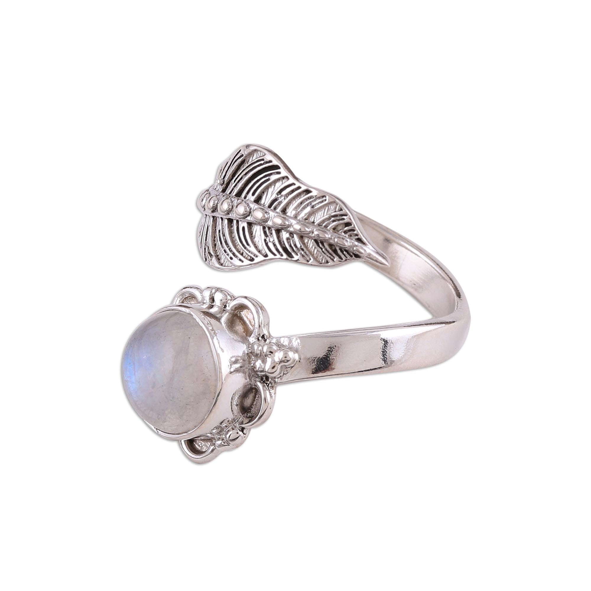 NOVICA Artisan Handmade Rainbow Moonstone Wrap Ring Leafshaped from India Sterling Silver Clear Cocktail Tree [ring Front 0.9 in L x 0.9 in W x 0.4 in H Band Width 3 mm W] ' Forever Natural'