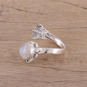 NOVICA Artisan Handmade Rainbow Moonstone Wrap Ring Leafshaped from India Sterling Silver Clear Cocktail Tree [ring Front 0.9 in L x 0.9 in W x 0.4 in H Band Width 3 mm W] ' Forever Natural'