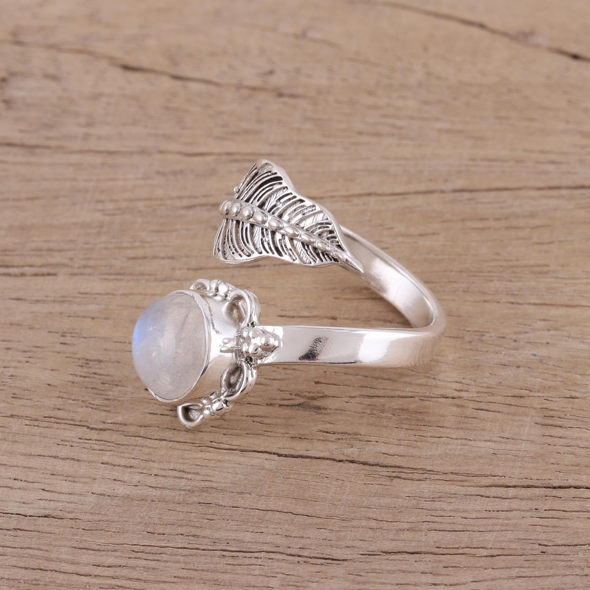 NOVICA Artisan Handmade Rainbow Moonstone Wrap Ring Leafshaped from India Sterling Silver Clear Cocktail Tree [ring Front 0.9 in L x 0.9 in W x 0.4 in H Band Width 3 mm W] ' Forever Natural'